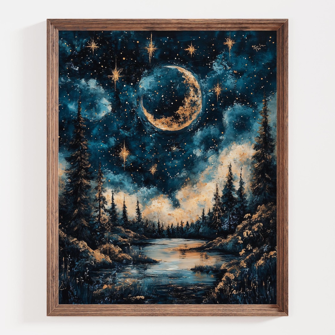 Moonlit Night Sky Art Print, Starry Landscape Wall Decor, River and ...