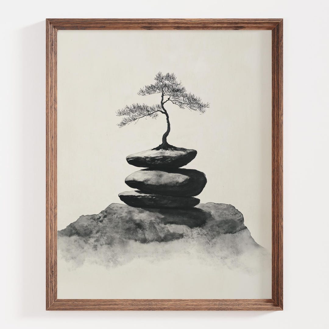 Bonsai Tree Art, Zen Stone Art, Japanese Ink Painting, Stacked Stones ...