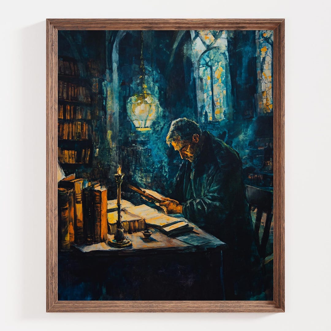 Vintage Scholar Art Print, Candlelit Library Artwork, Dark Academia ...