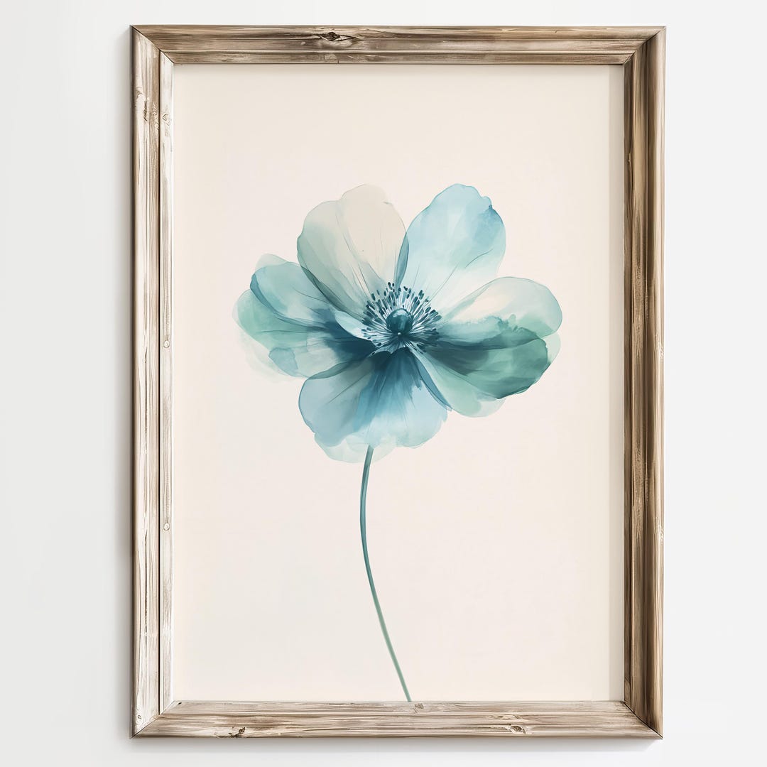 Minimalist Blue Floral Art Print, Watercolor Flower Wall Decor, Modern ...