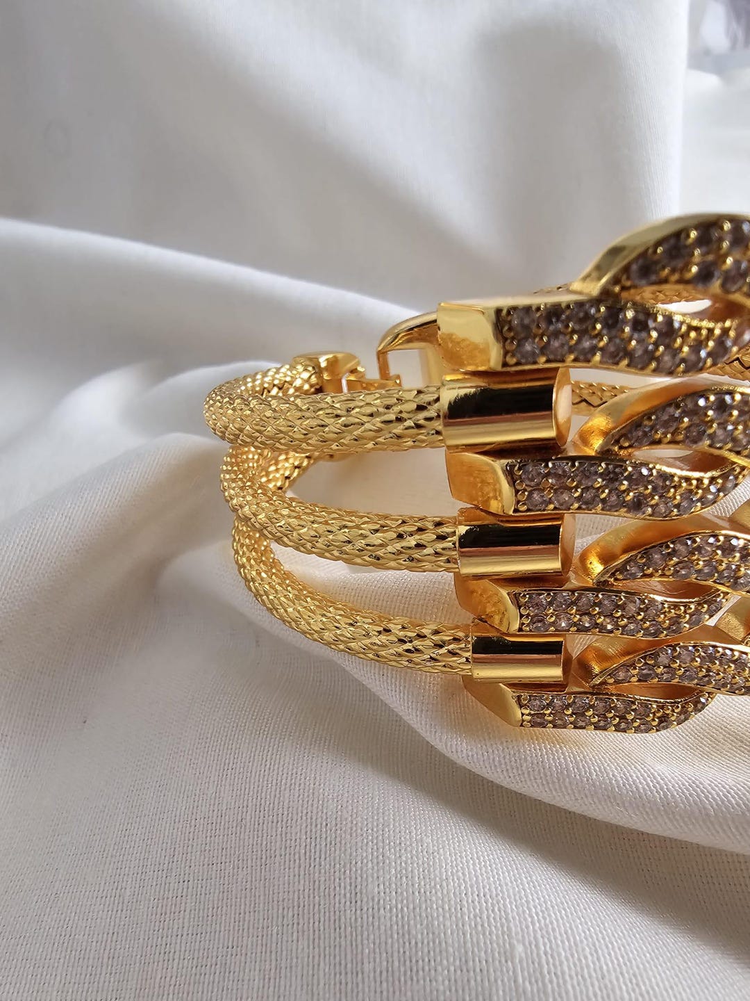 22 K Gold Plated 4 Row White Stone Clamp Bracelet Thick Bracelet Gold ...
