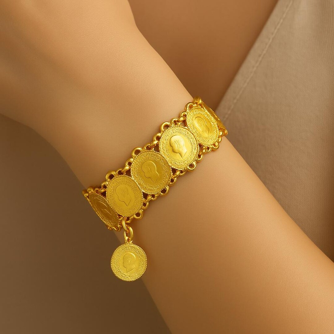 22K Gold Plated 19 Rows Full Band Coin Bracelet | Turkish Ottoman Style ...
