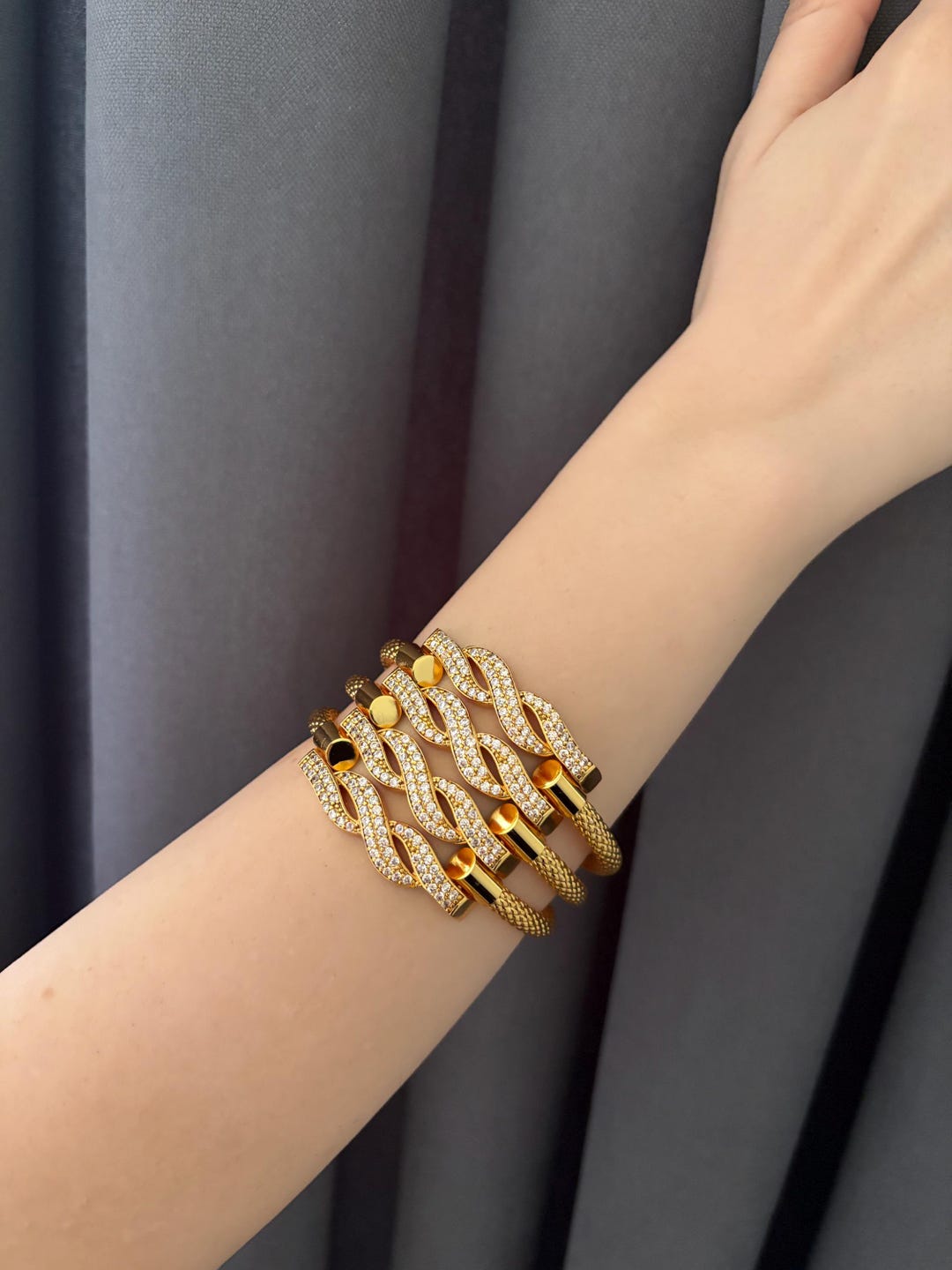 22 K Gold Plated 4 Row White Stone Clamp Bracelet Gold Bracelet for ...
