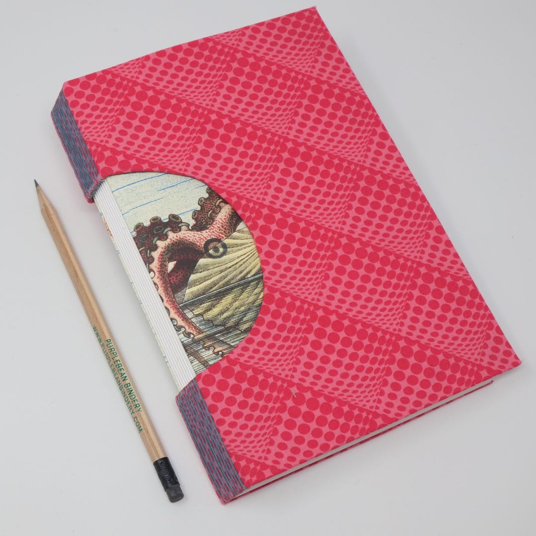 Hand Bound Journal: Pink Red Fabric Cover, Octopus Theme Endpaper ...