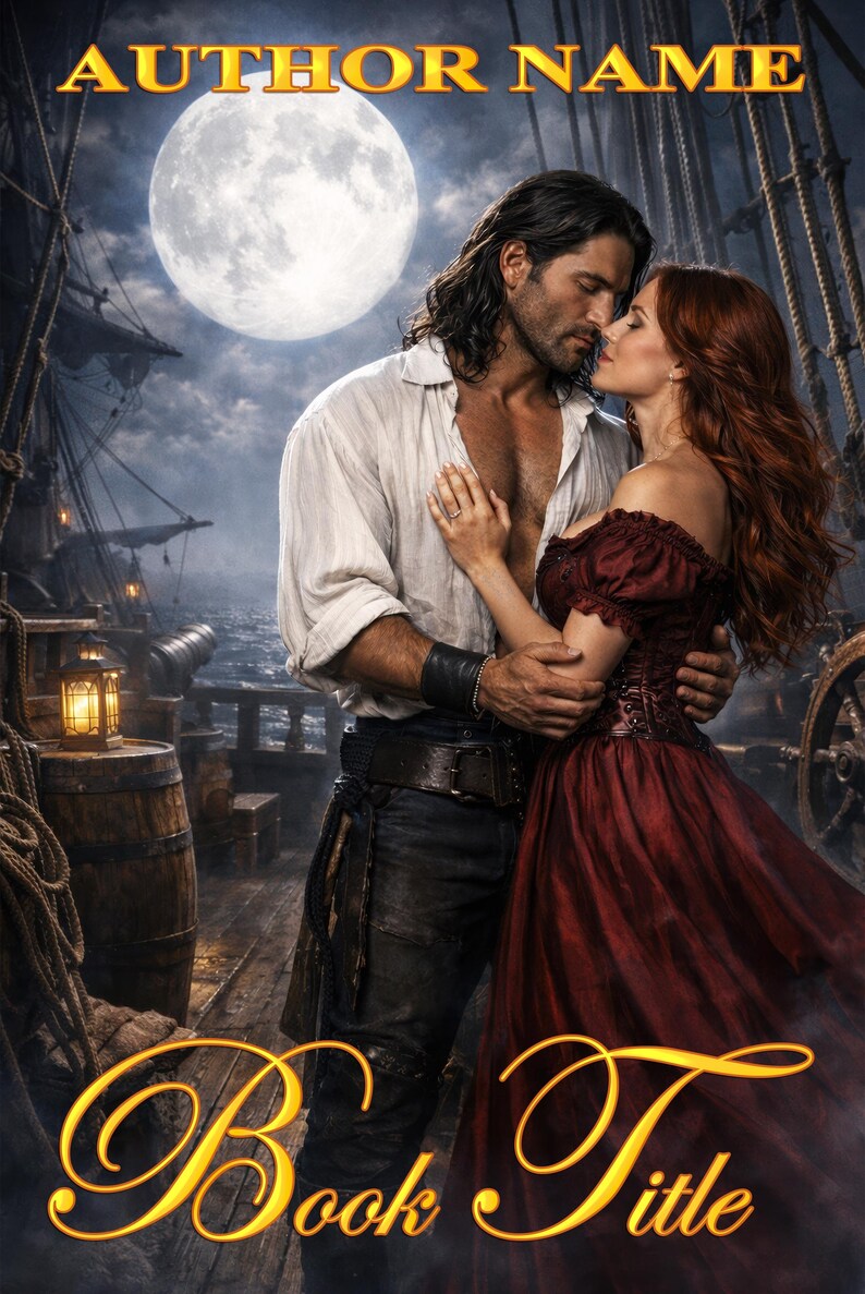 Pirate Romance Premade Book Cover - Moonlit Ship Deck Embrace ...