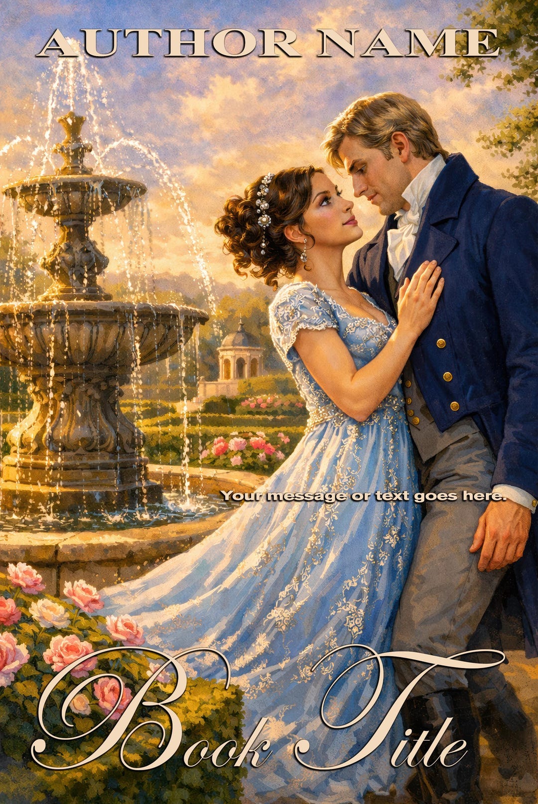 Regency Romance Premade Book Cover - Elegant Blue Gown Fountain Garden ...