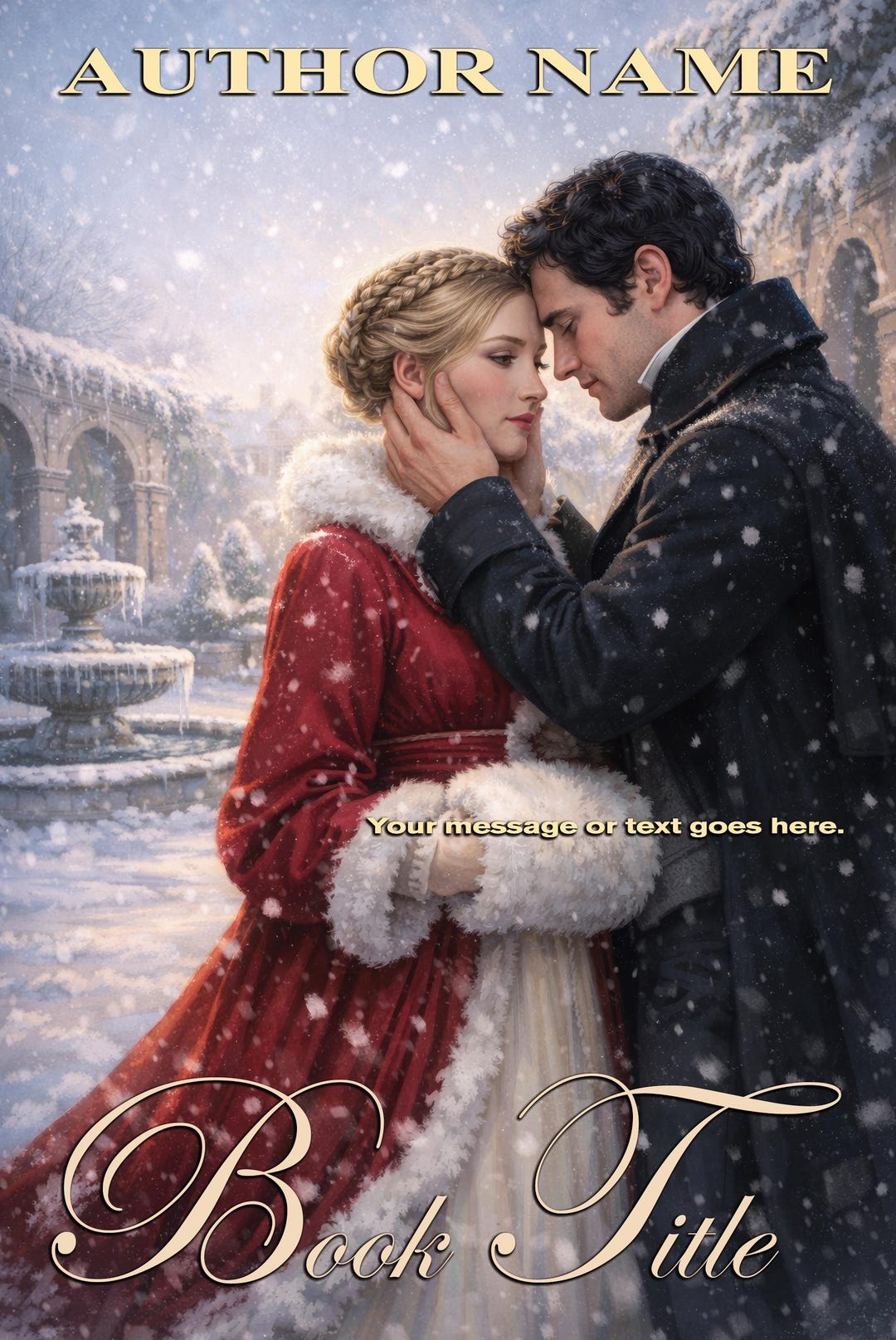Regency Winter Romance Cover - Blonde Heroine Red Gown Snowy Estate ...