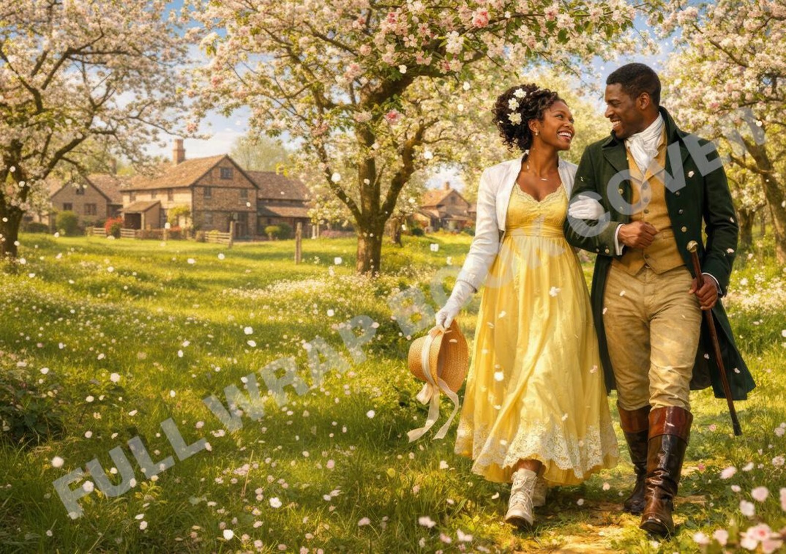 Premade Regency Romance Book Cover - Spring Orchard Black Couple Yellow ...