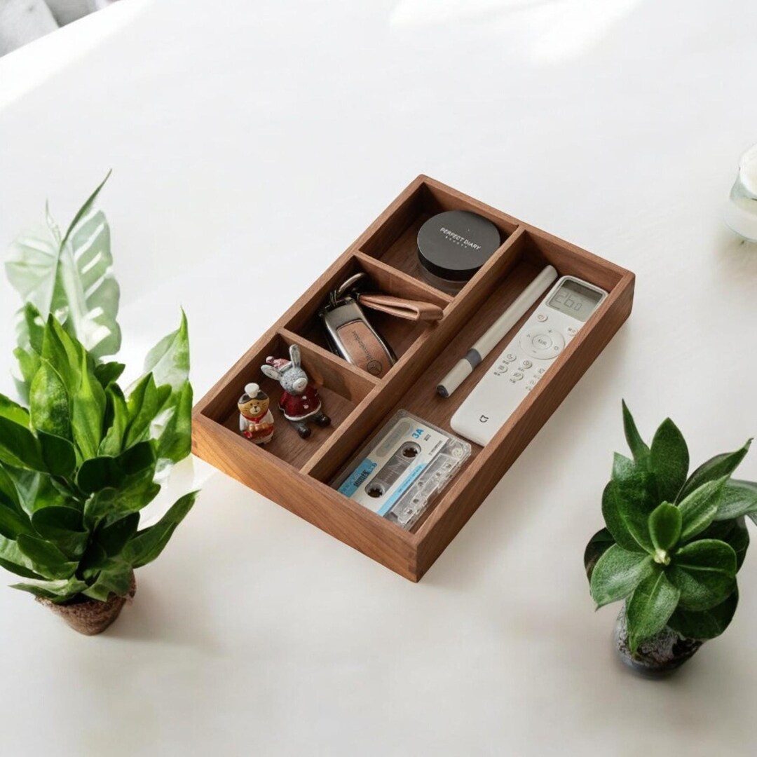 Walnut Wooden Organizer Tray for Desk, Remote and Accessories Storage ...
