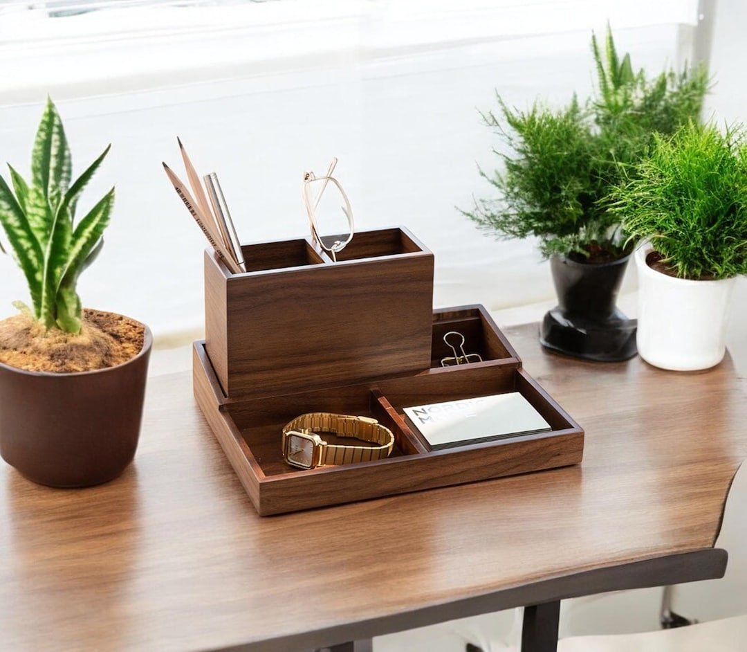 Premium Walnut Desk Organizer With Multi-compartment Storage Wooden ...