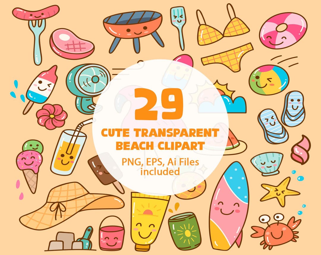 29 Pcs Cute Doodle Summer Beach Clip Art Bundle PNG EPS Ai Files ...