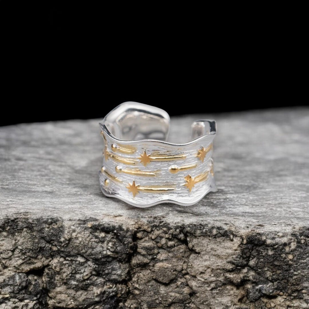 Adjustable Silver & Gold Starry Sky Ring – Unique Celestial Shooting ...