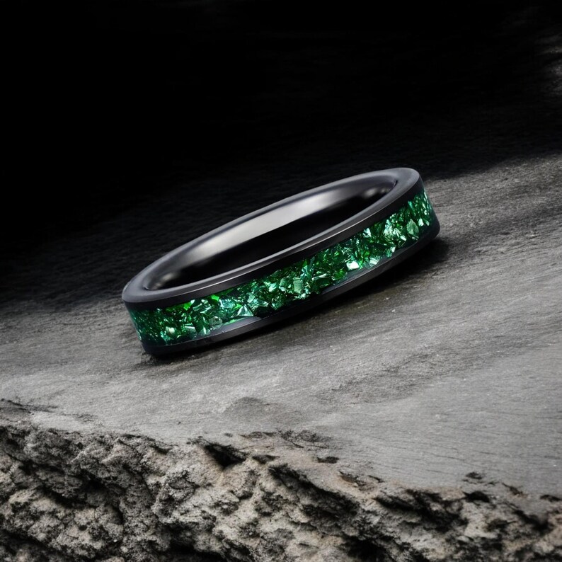 Men's Tungsten Ring With Green Crushed Stone Inlay Unique Wedding Band ...