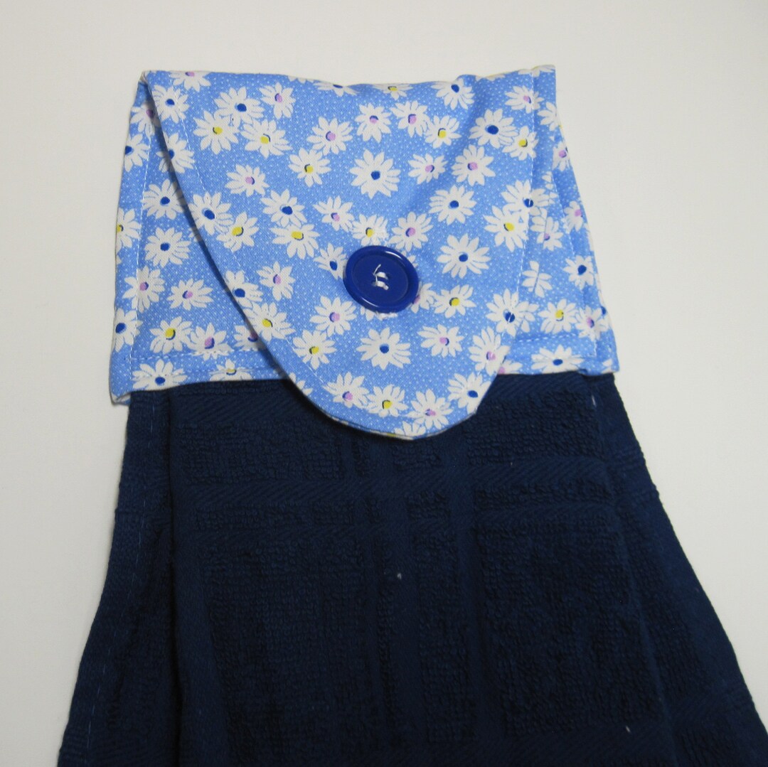 Hanging Kitchen Towel Hand Towel Button Top Daisies Over Navy Blue ...