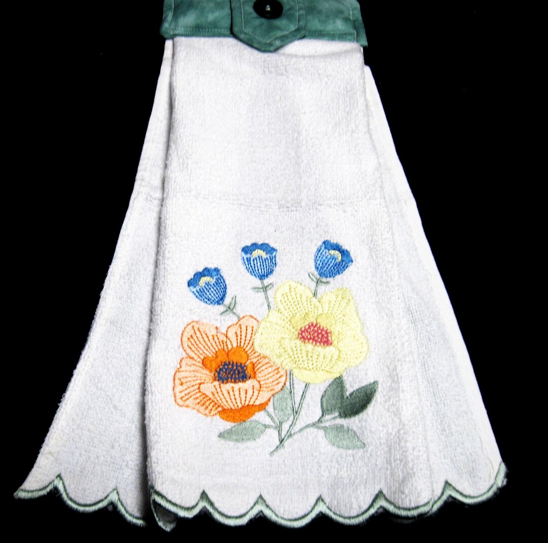 Embroidered Hanging Kitchen Towel Button Top Summer Flowers Plush ...
