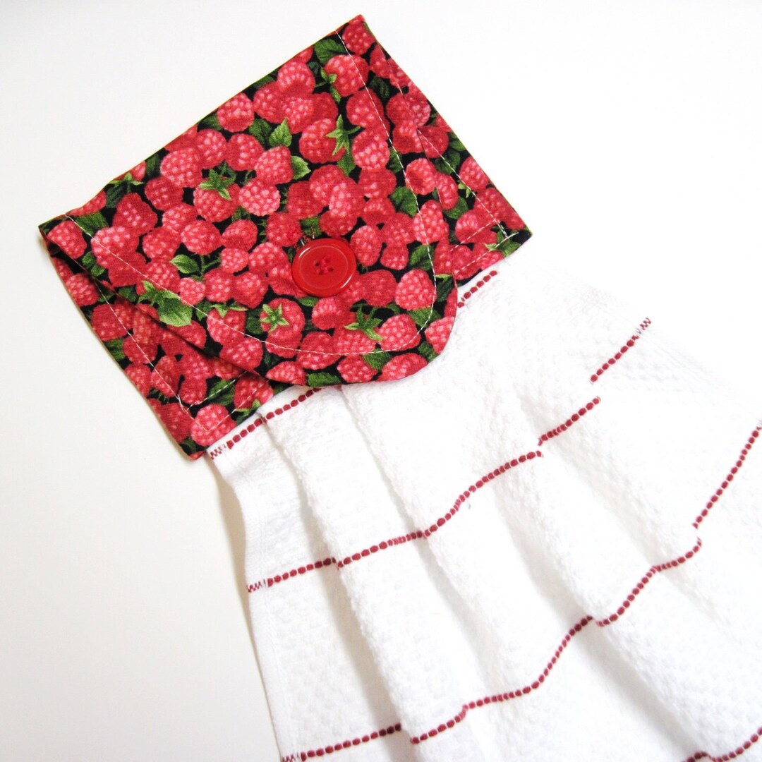 Hanging Kitchen Towel Button Top Raspberries White With Red Stripe ...