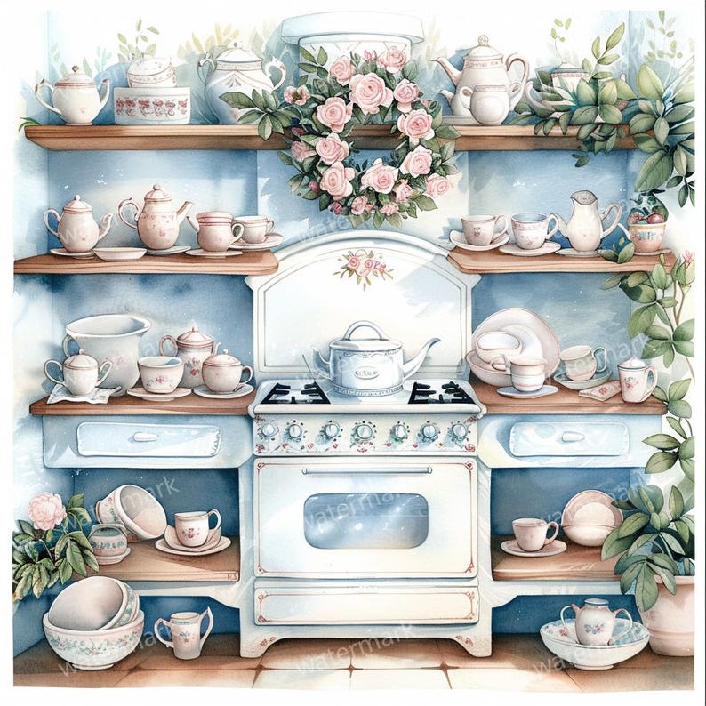 20 Vintage Floral Kitchen Clipart, Printable Watercolor Clipart, High ...