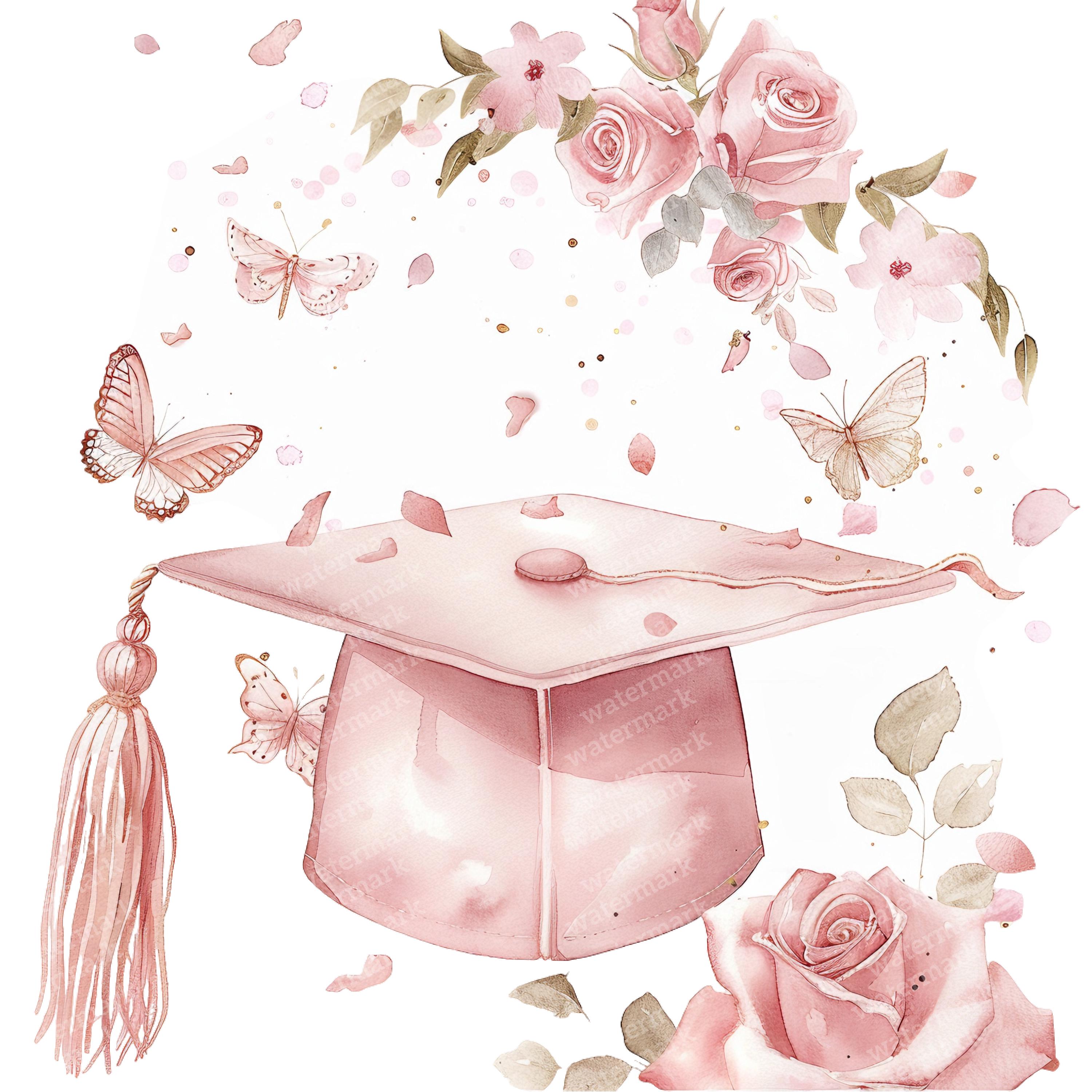20 Pink Graduation Cap Clipart, Printable Watercolor, High-quality Jpgs ...