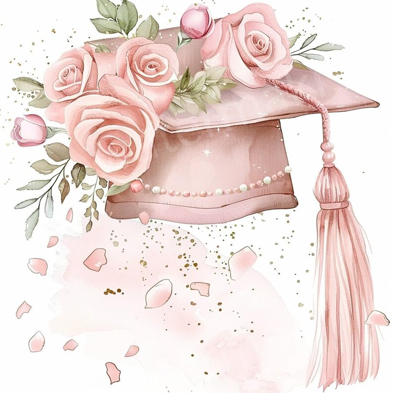 20 Pink Graduation Cap Clipart, Printable Watercolor, High-quality Jpgs ...