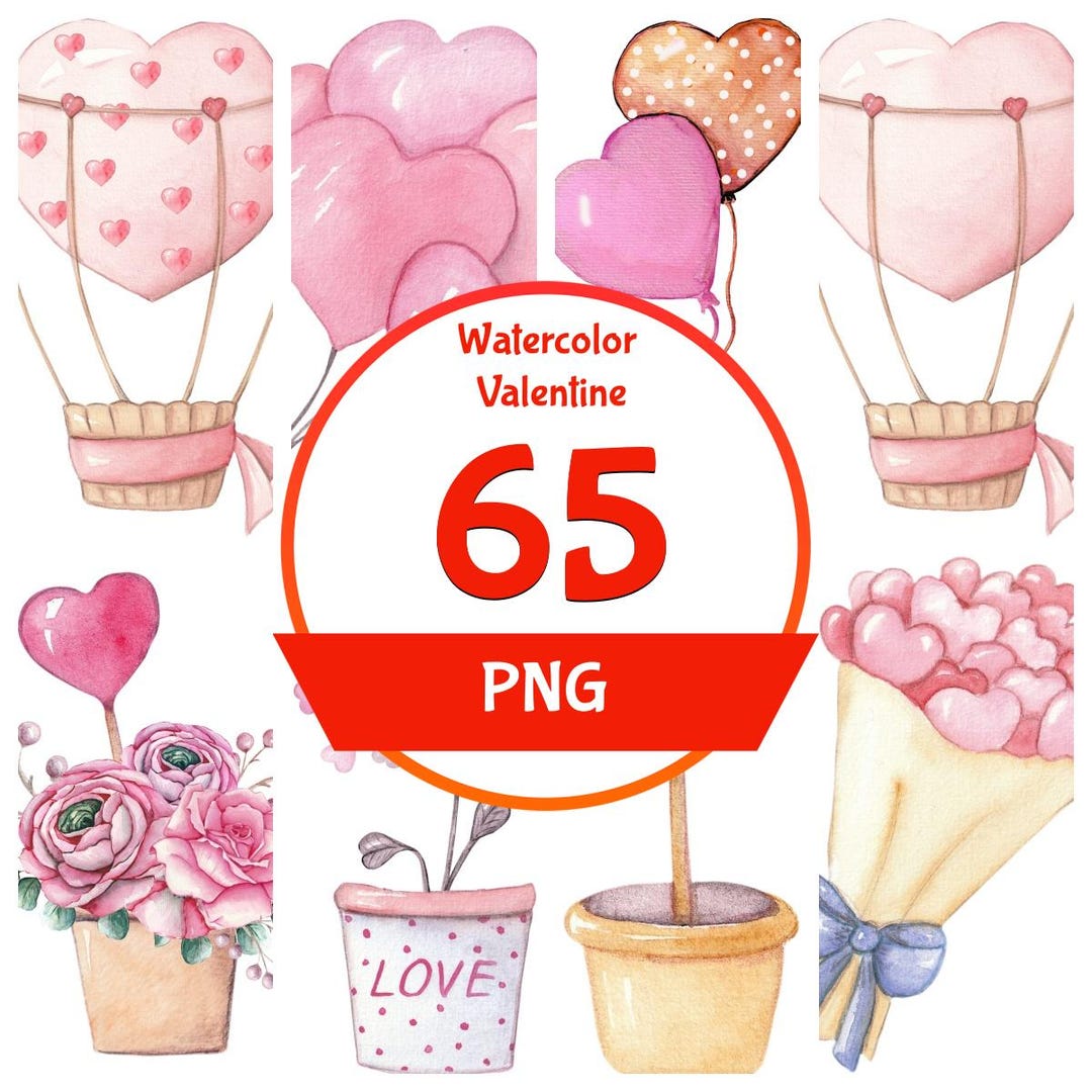 65 Watercolor Valentine PNG Clipart | Cute Floral Hearts Stickers ...