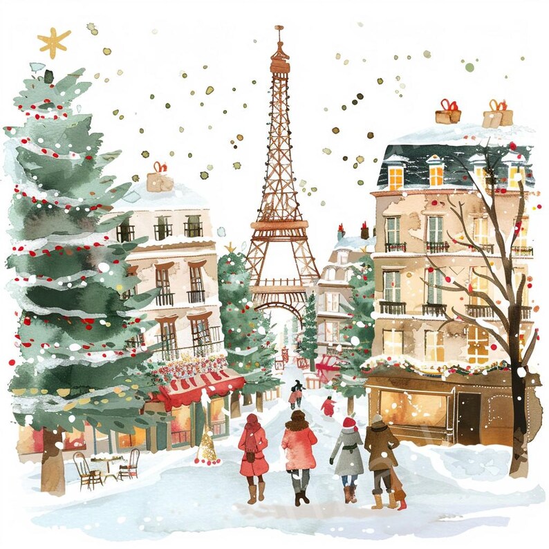 Paris Christmas Watercolor Clipart, Eiffel Tower Winter Scene, French ...