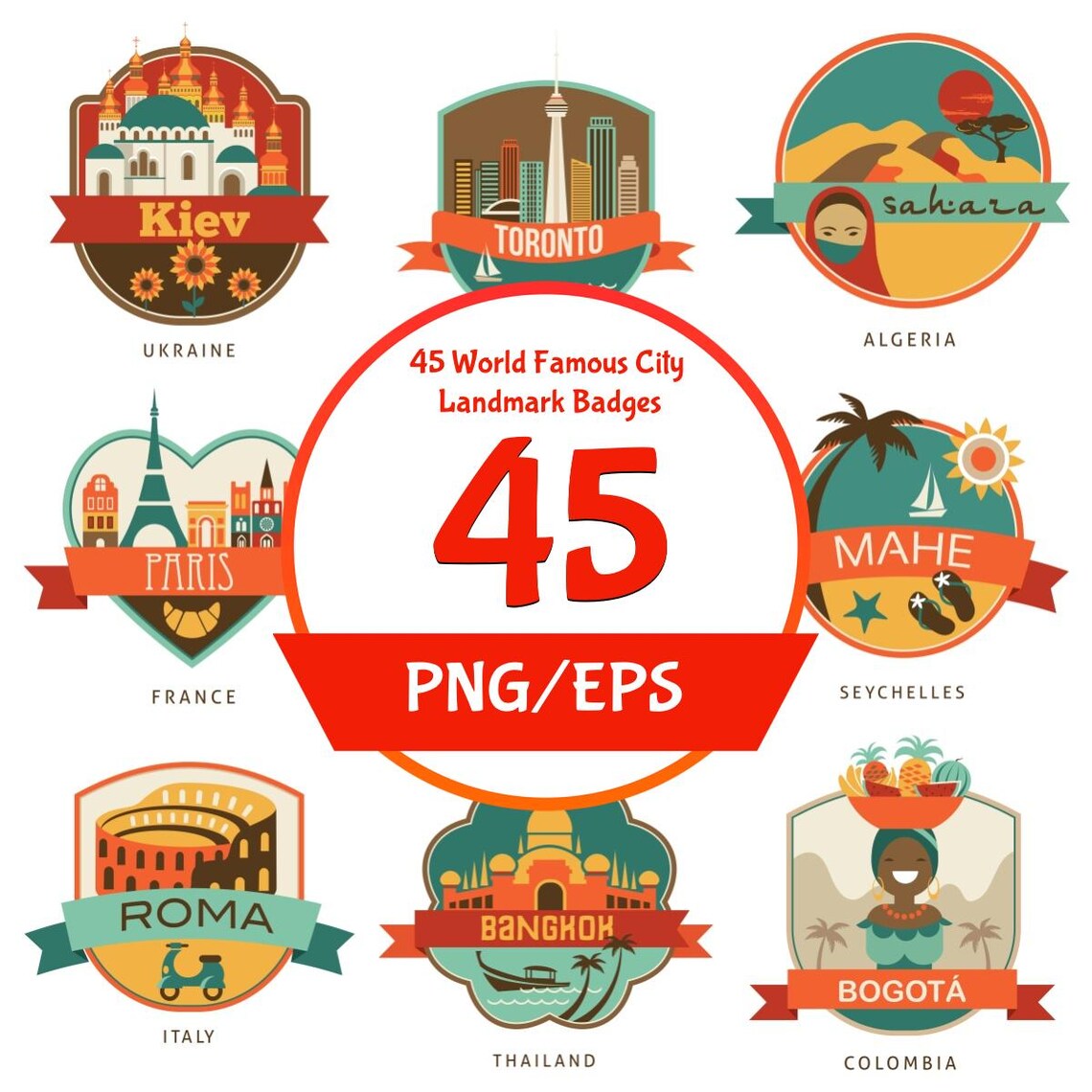 45 World Famous City Landmark Badges - PNG, JPG EPS Download | Travel ...