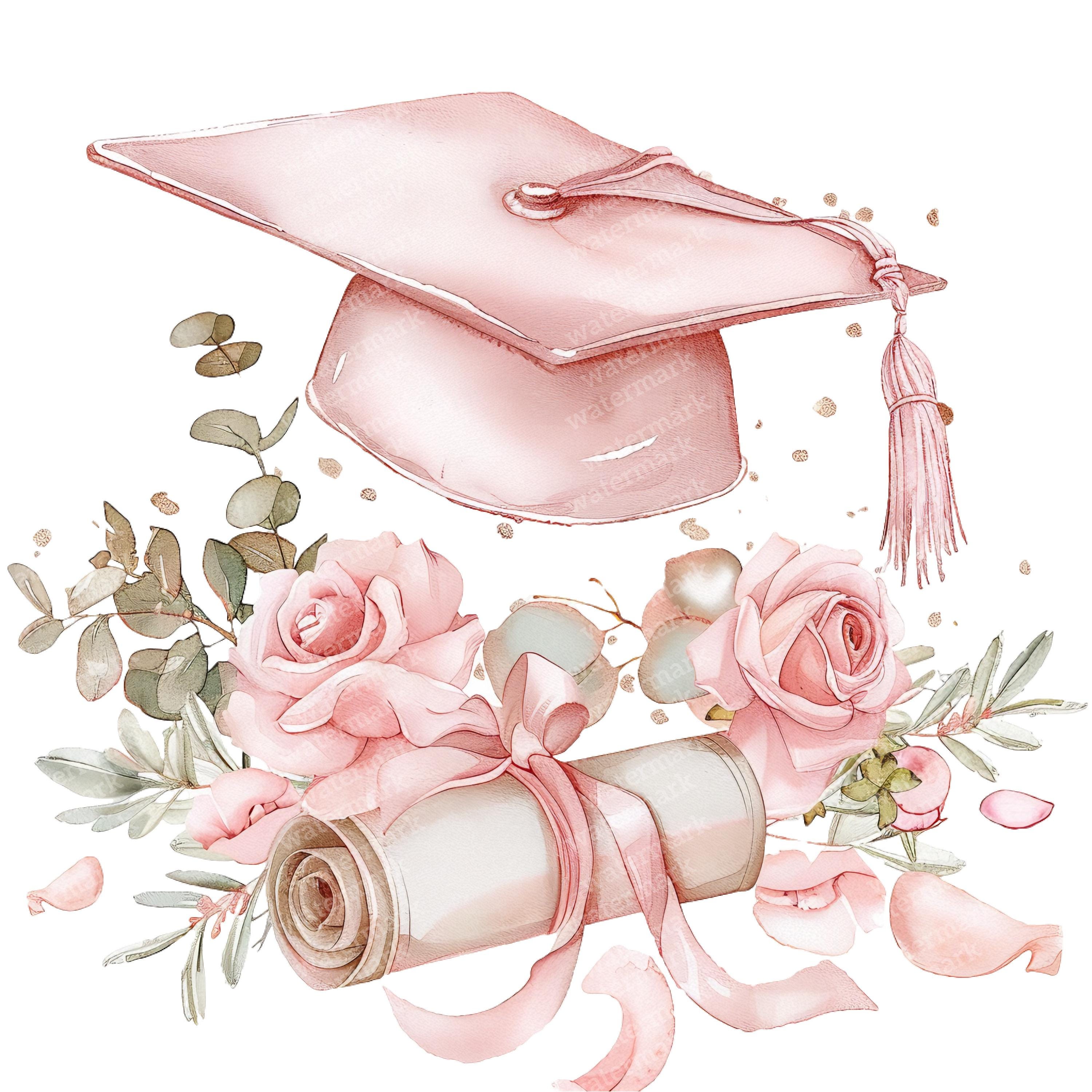20 Pink Graduation Cap Clipart, Printable Watercolor, High-quality Jpgs ...