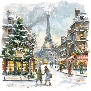 Paris Christmas Watercolor Clipart, Eiffel Tower Winter Scene, French ...