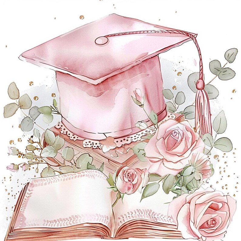 20 Pink Graduation Cap Clipart, Printable Watercolor, High-quality Jpgs ...