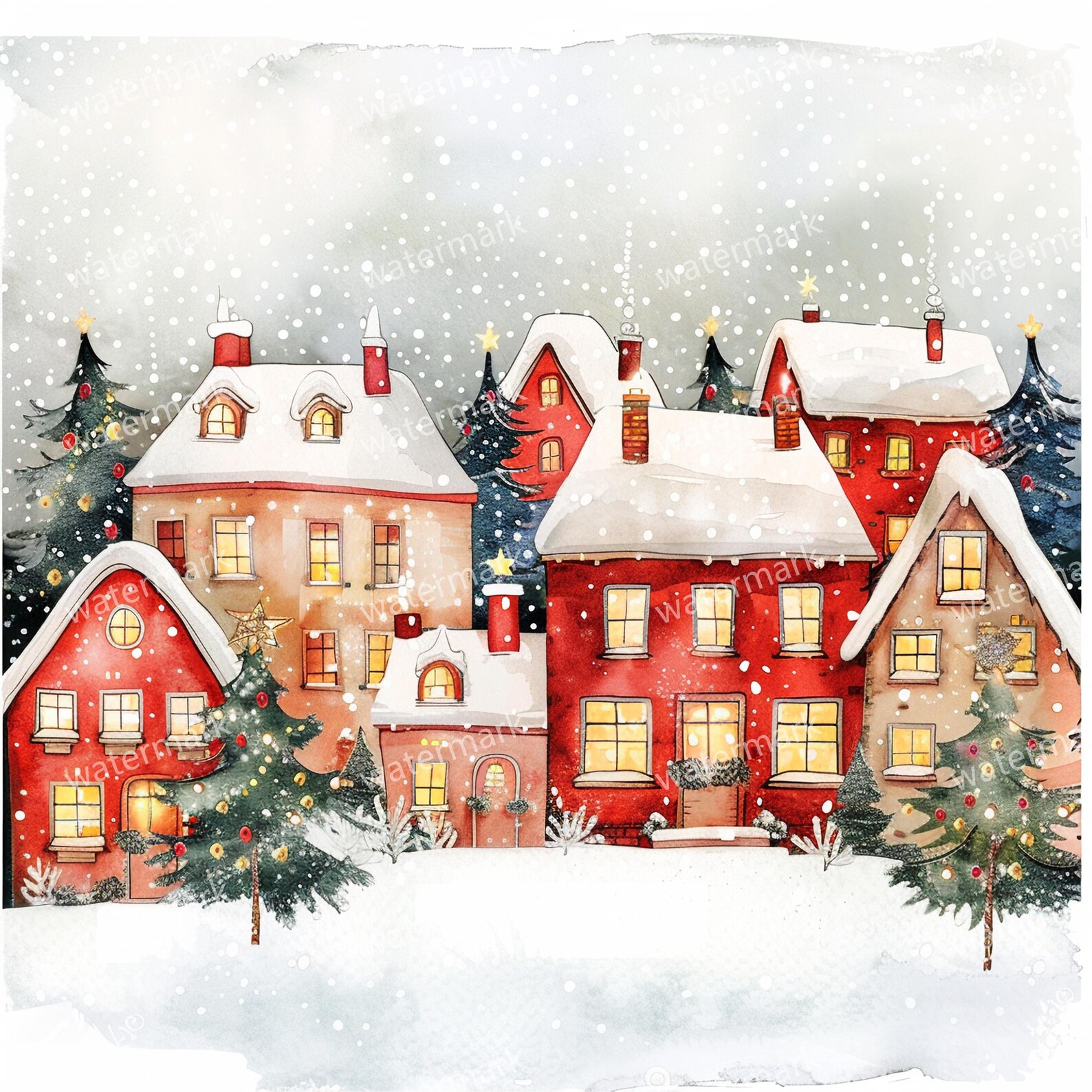 Christmas Village Clipart Set | Cozy Winter Town | Red Houses & Snowy ...