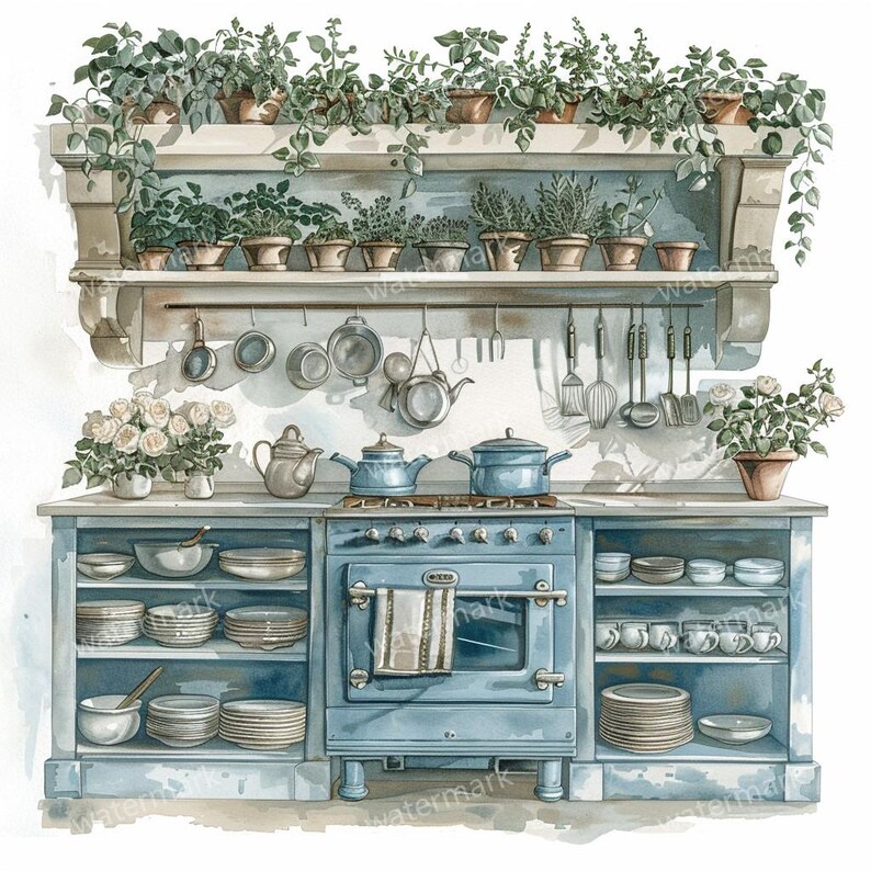 20 Vintage Floral Kitchen Clipart, Printable Watercolor Clipart, High ...