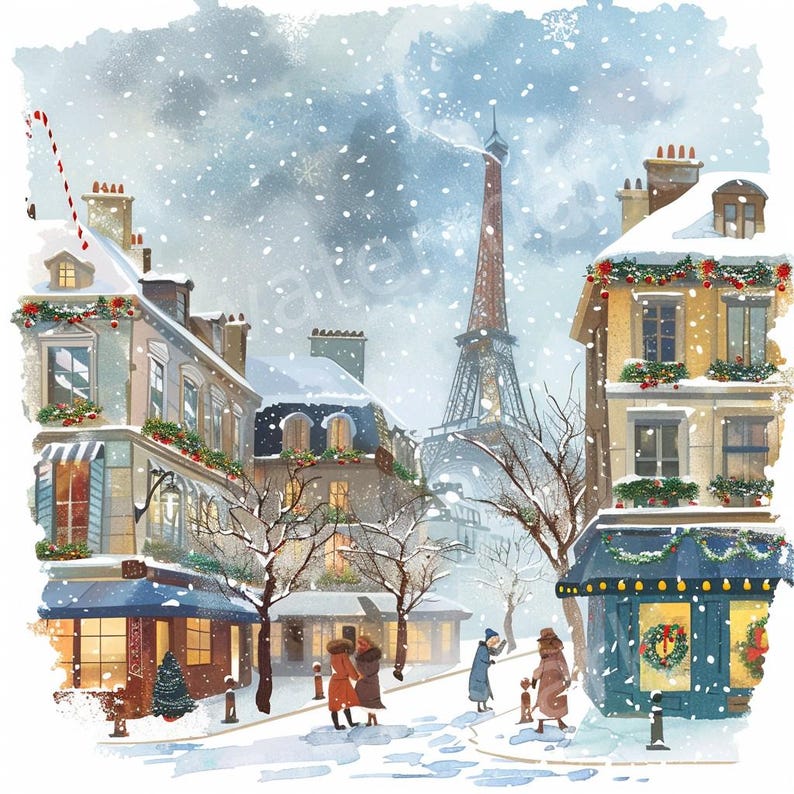 Paris Christmas Watercolor Clipart, Eiffel Tower Winter Scene, French ...