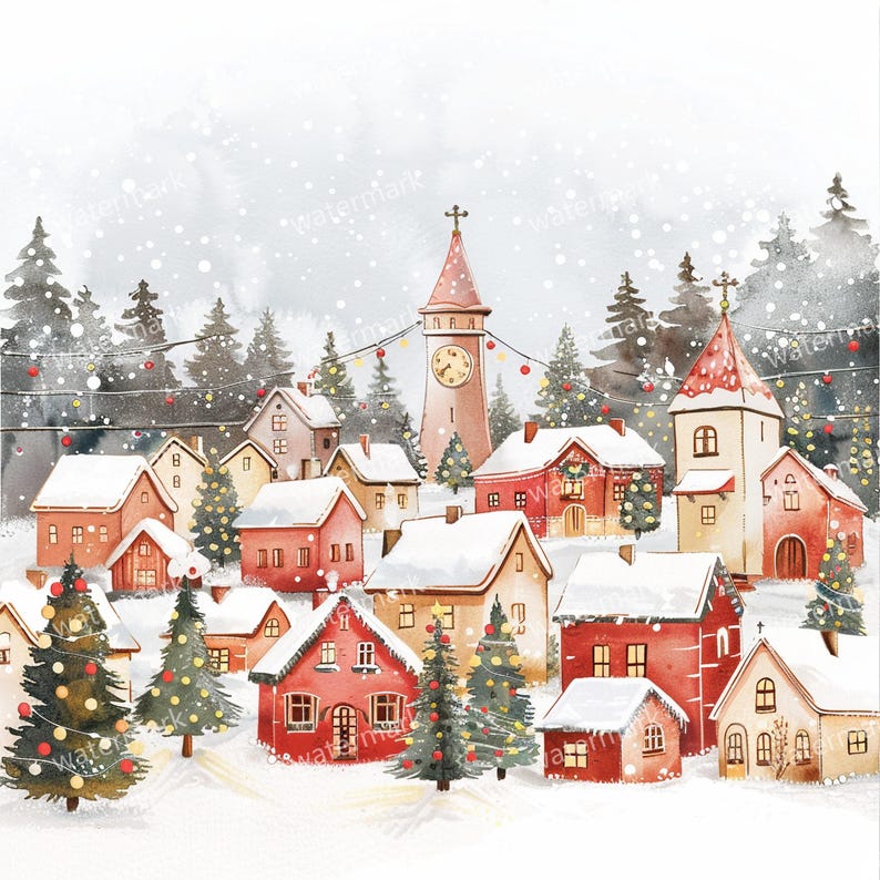 11 Christmas Village Clipart | Cozy Winter Town | Red Houses & Snowy ...