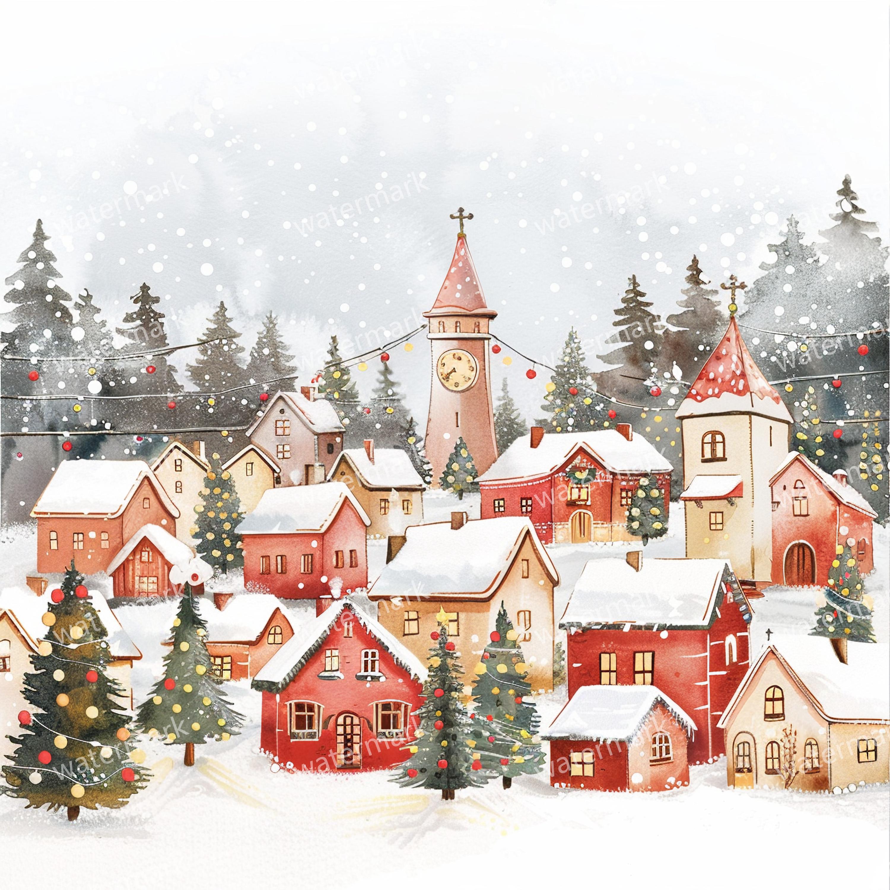 Christmas Village Clipart Set | Cozy Winter Town | Red Houses & Snowy ...
