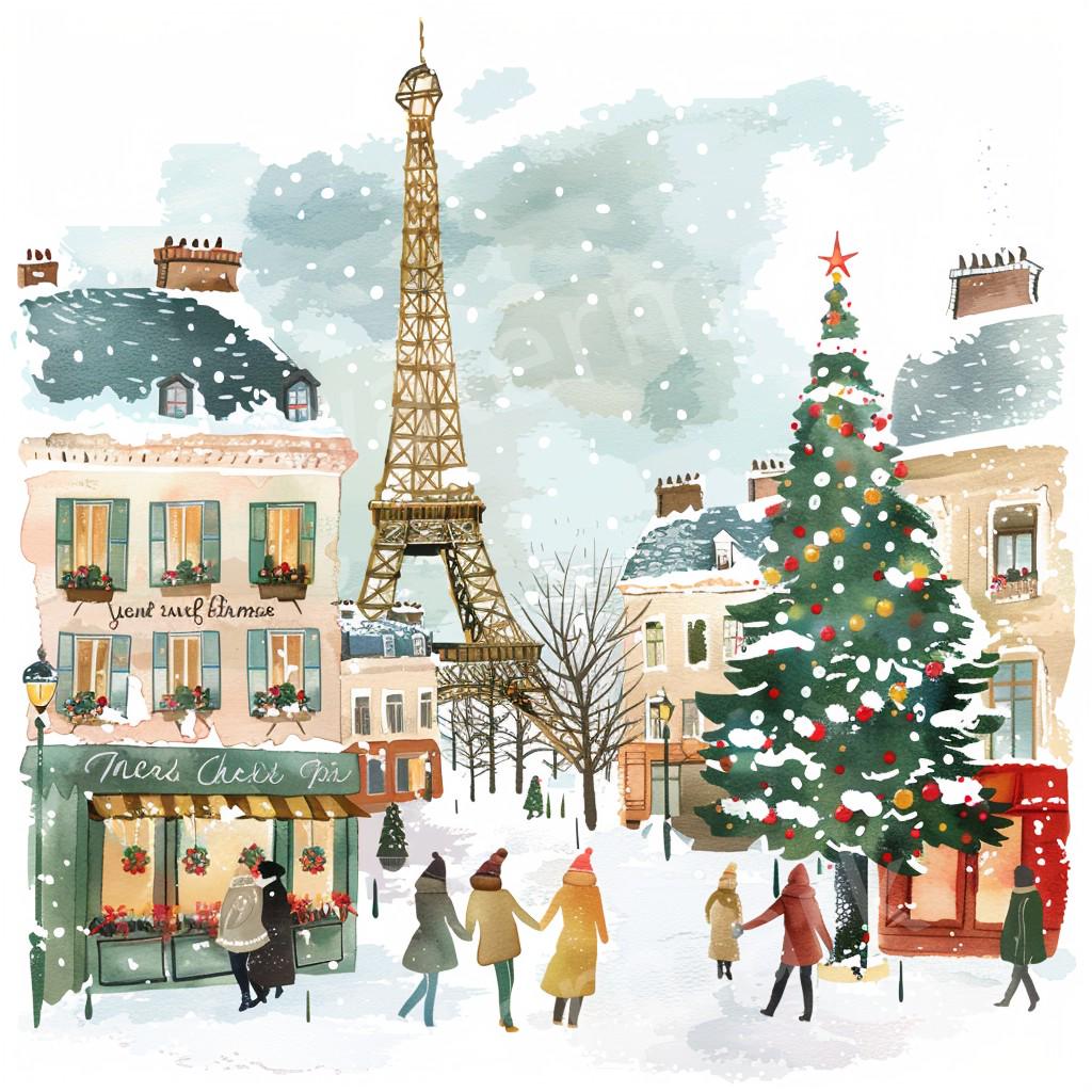 Paris Christmas Watercolor Clipart, Eiffel Tower Winter Scene, French ...