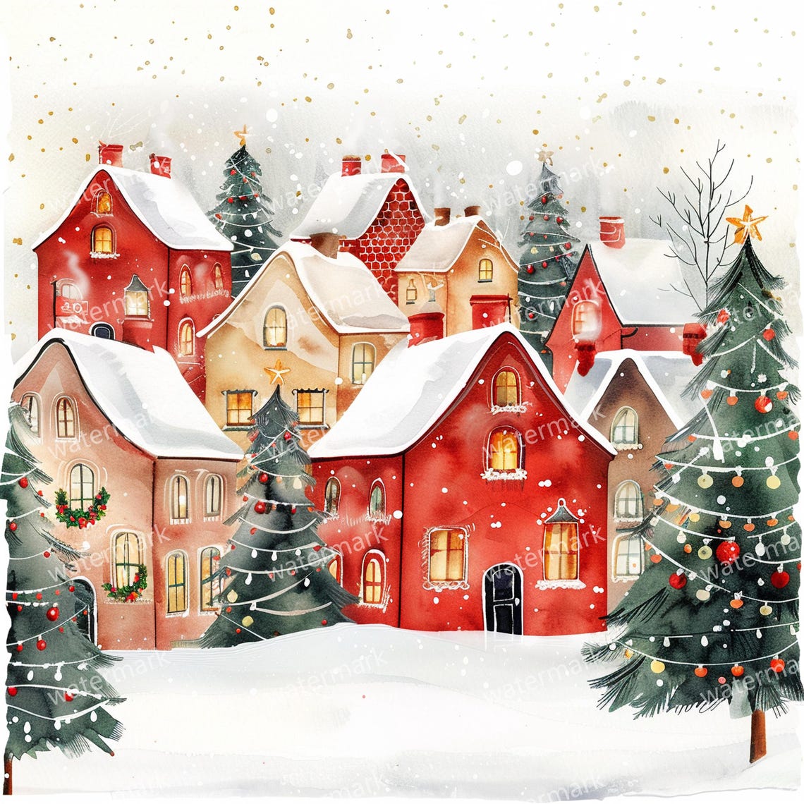 11 Christmas Village Clipart | Cozy Winter Town | Red Houses & Snowy ...