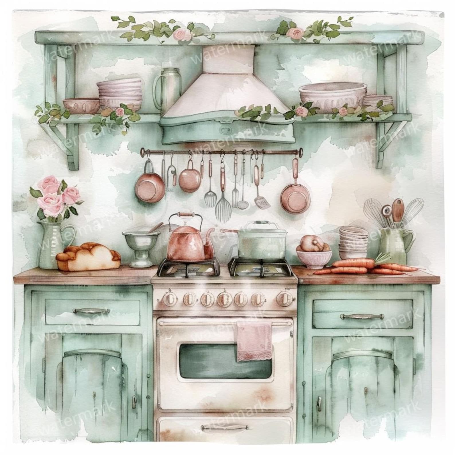 20 Vintage Floral Kitchen Clipart, Printable Watercolor Clipart, High ...