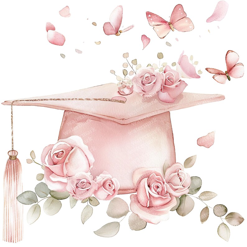 20 Pink Graduation Cap Clipart, Printable Watercolor, High-quality Jpgs ...