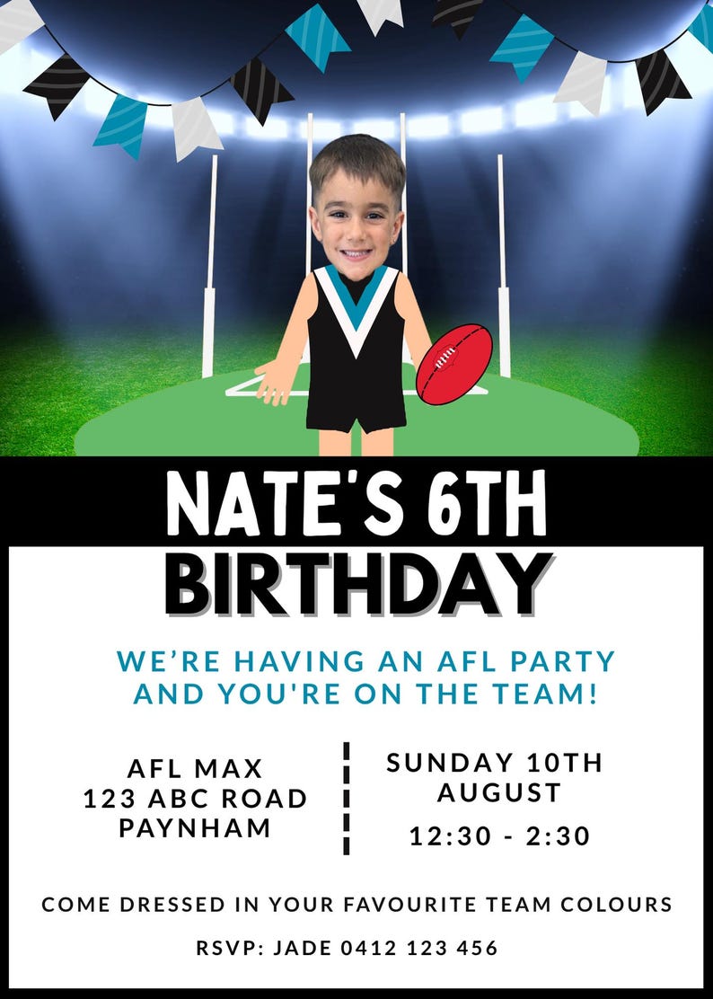 AFL Port Power Birthday Invitation | Printable Footy Party Invite for ...