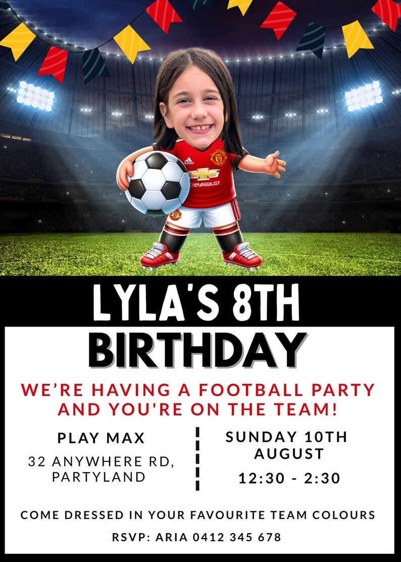 Manchester United Birthday Invitation: Football Party, Boys & Girls ...