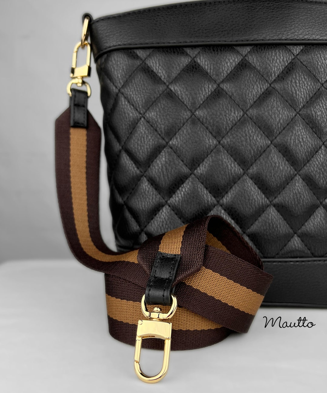 Brown & Gold Stripe Bag Strap: Black Leather Accents - Etsy