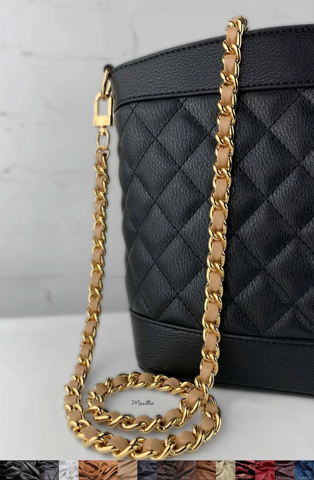 Large Classic Gold Chain With Genuine Leather Woven-in - 1/2 Inch (12mm ...