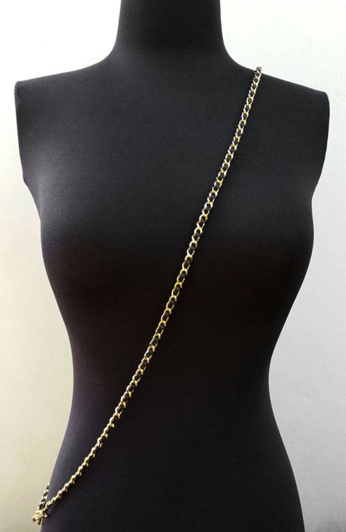 Gold Chain Strap With Black Leather Hand Woven Through - Mini Curb ...