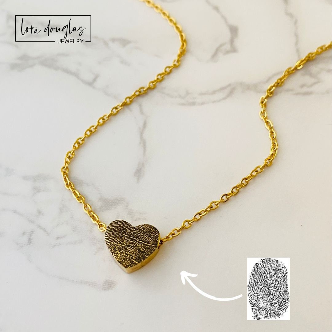 Gold Heart Fingerprint Necklace, Engrave Your Fingerprint, Custom ...