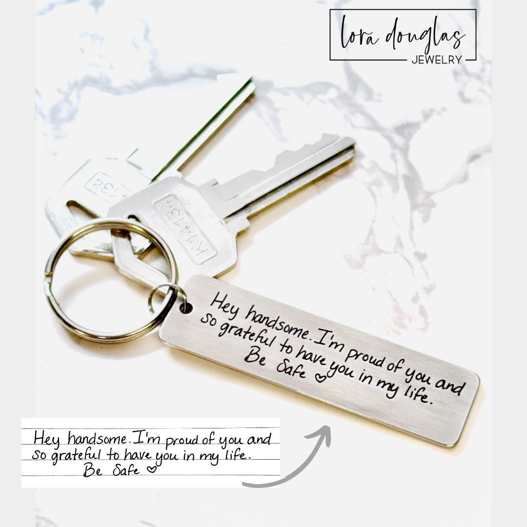 Handwriting Keychain, Silver Stainless Steel 2 Inch Rectangle Key Ring ...