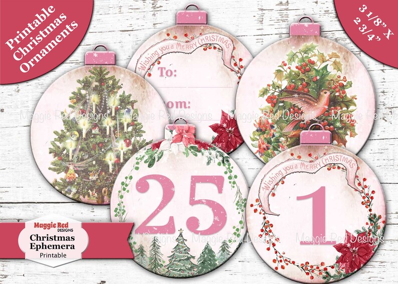 Printable Advent Numbers: Shabby Chic Christmas Ornaments (digital ...