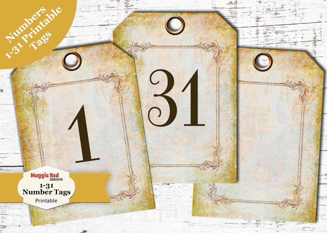 Vintage Number Tags 1-31: Rustic Printable Ephemera (digital Download ...