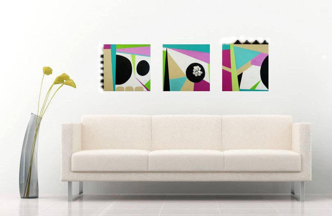 Abstract Tryptic Dimensional Paintings,"3", Acrylic, Bright Color, Mid ...