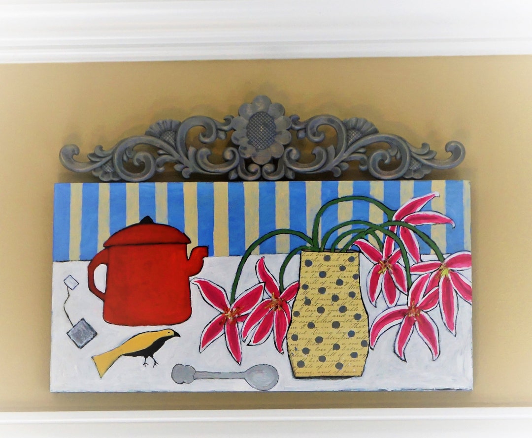 Whimsical, Still Life, Primitive, French Country Style, Carved Pediment ...