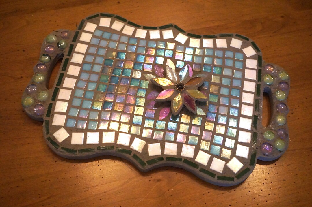 Glass Mosaic Platter, Dimensional Flower Design, Iridescent, Colorful ...